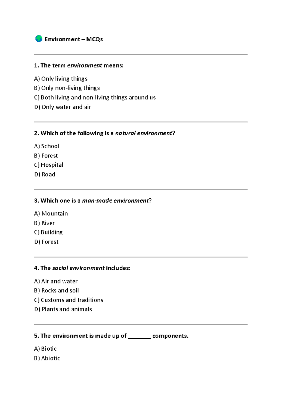 环境基础单元1选择题 (Unit 1 Environment Basic MCQ) - Studocu