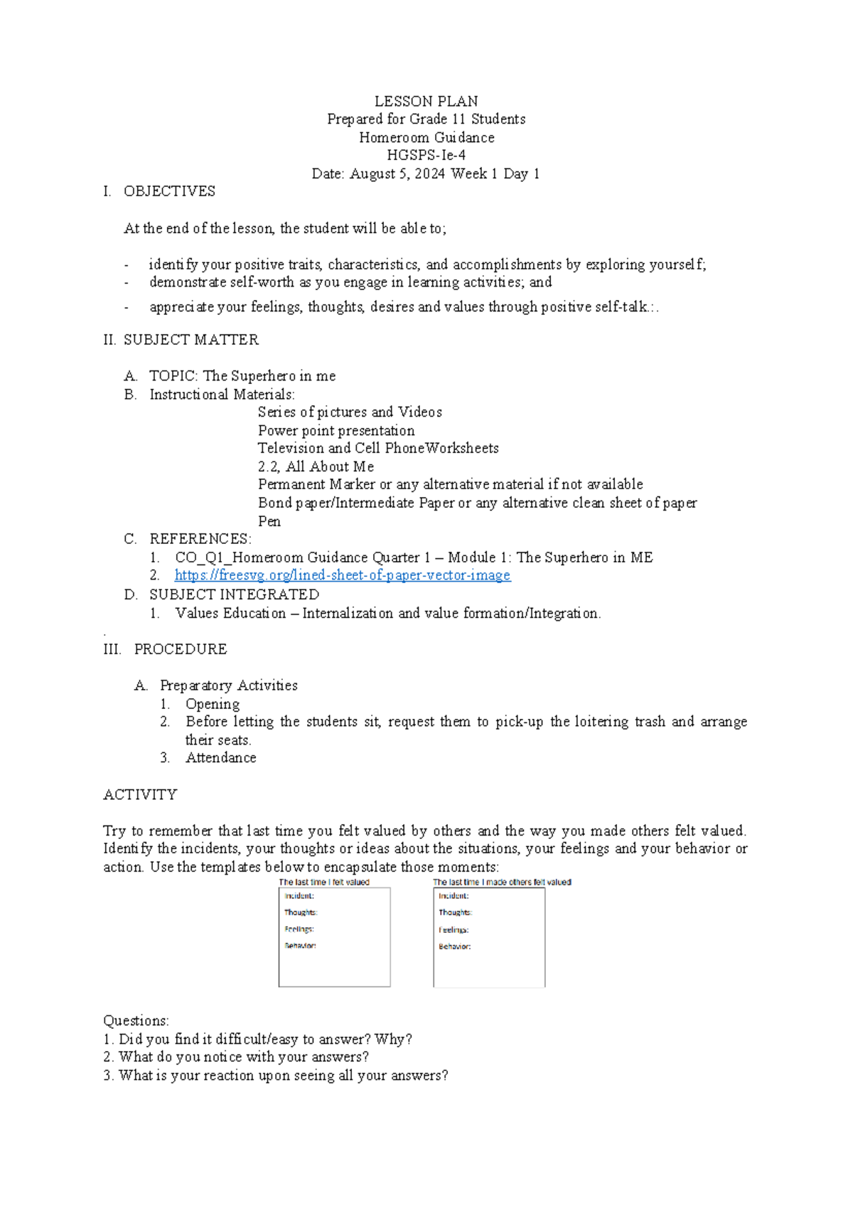 Lesson Plan 1: Homeroom Guidance for Grade 11 - Self-Worth Exploration ...