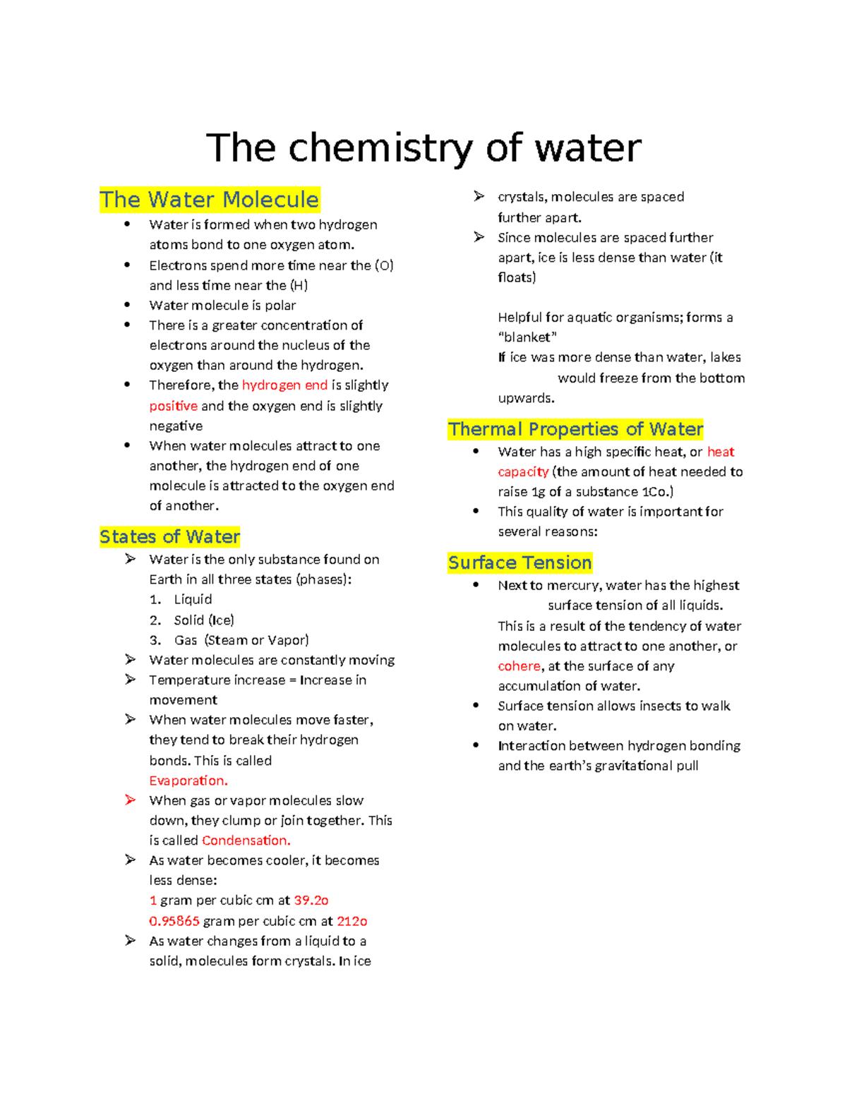 CHEM 101: The Chemistry of Water - Properties and Reactions - Studocu