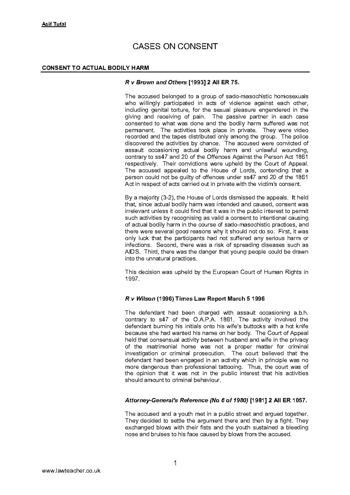 Consent Cases - Asif Tufal CASES ON CONSENT CONSENT TO ACTUAL BODILY ...