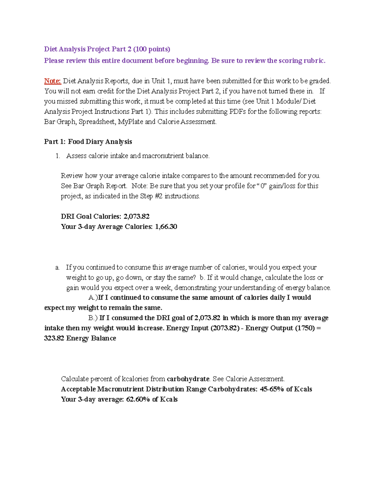 Diet Analysis Project Part 2: Evaluation & Summary (100 pts) - Studocu