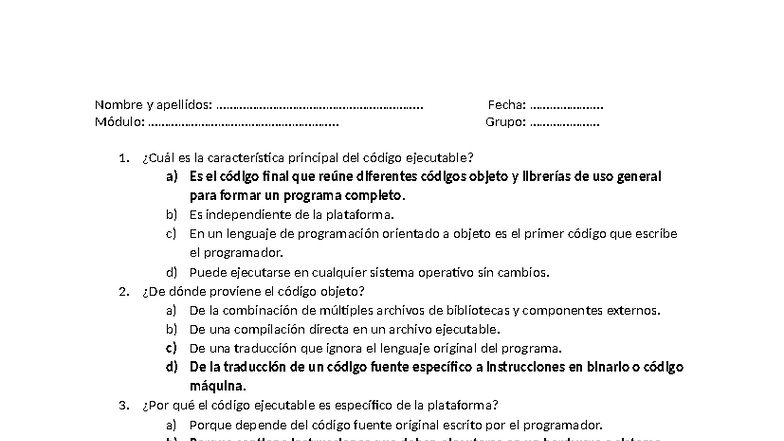Test RA1 ED 1DAW: Preguntas sobre Código Ejecutable y Ciclo de Vida del ...