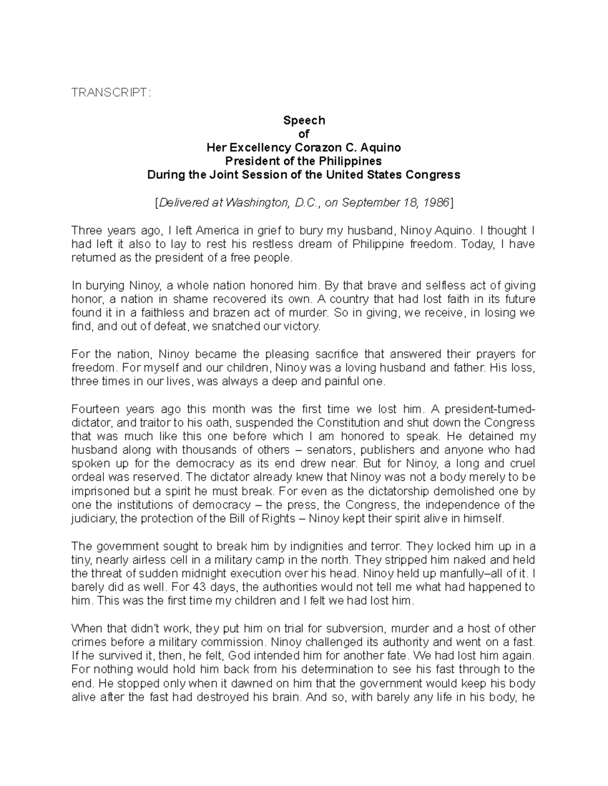 Transcript of Pres. Corazon Aquino's Speech to US Congress - Sep 1986 ...