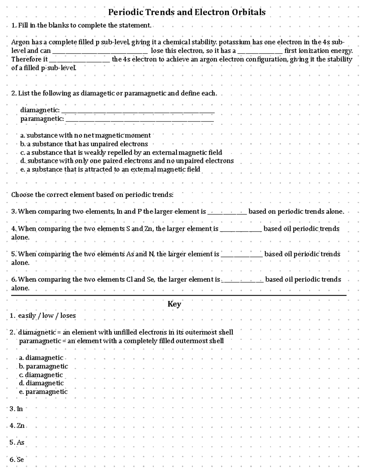 Periodic trends and electron orbital worksheet - Periodic Trends and ...