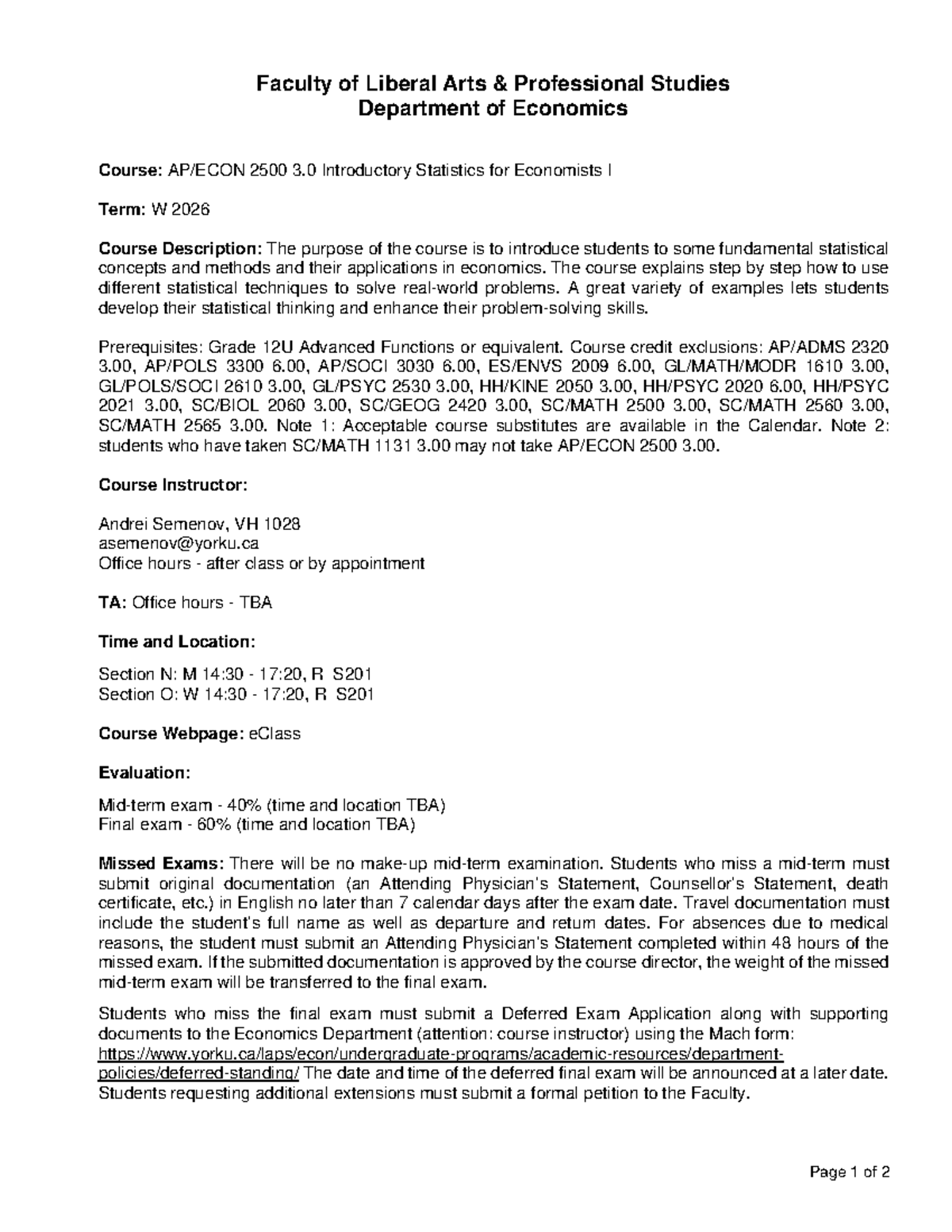 Econ 2500 3.0 Introductory Statistics for Economists I Course Outline ...