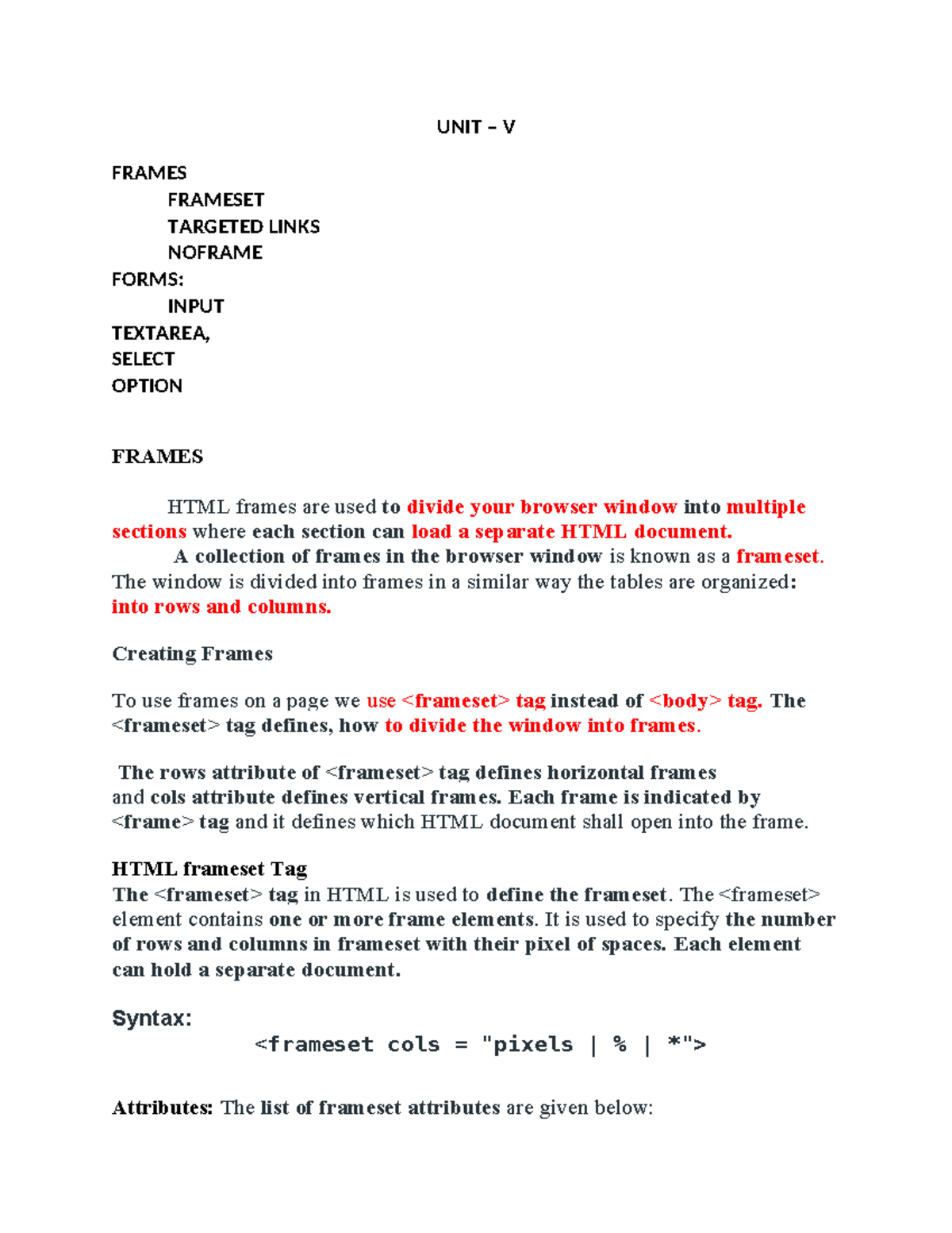 UNIT V - HTML Frames, Forms, and Target Attributes - Studocu