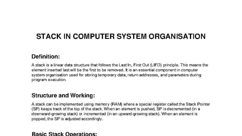 CS101: Stack in Computer System Organisation Overview and Applications - Studocu