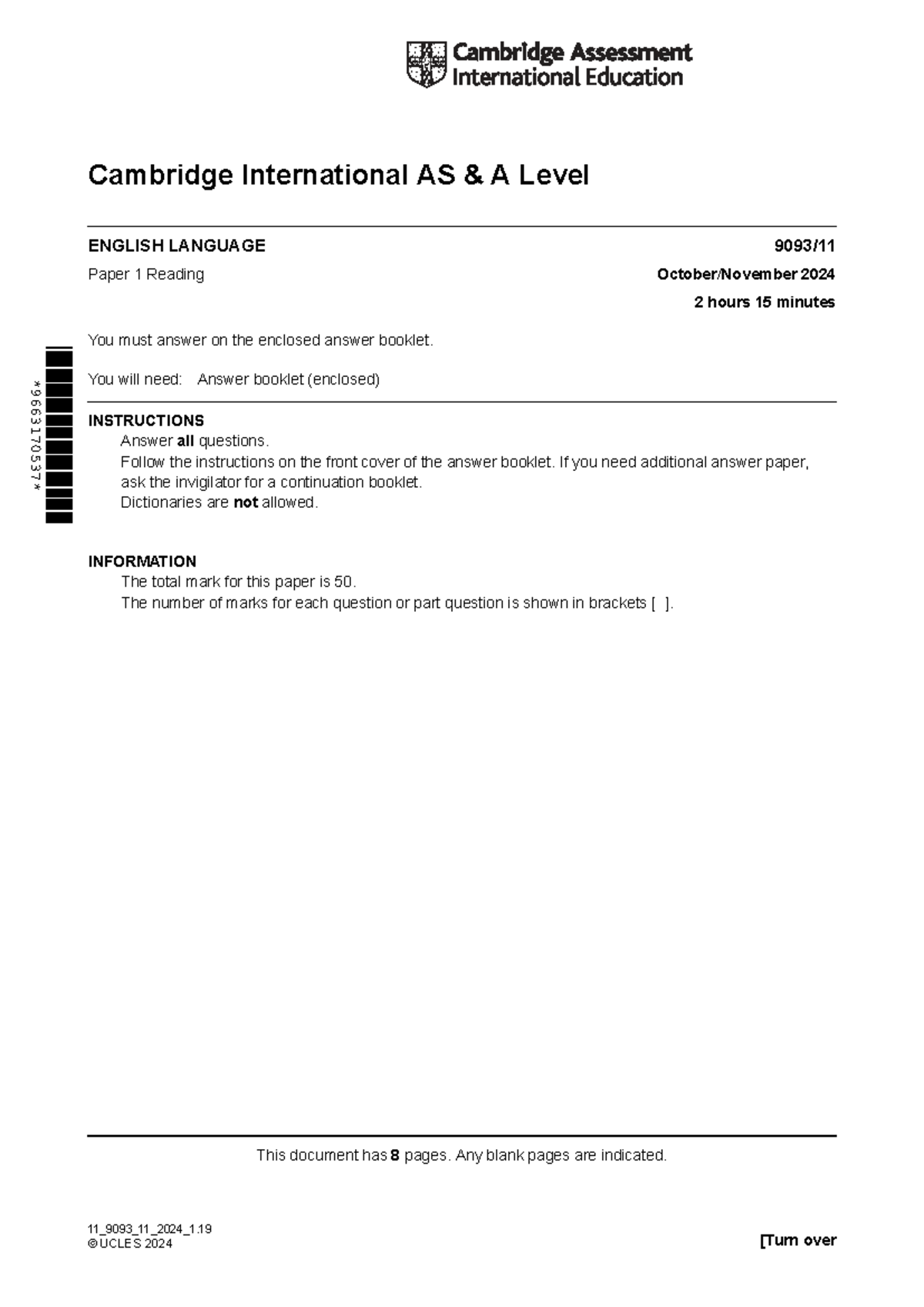 Cambridge International AS A Level ENGLISH LANGUAGE Paper 1 Reading ...