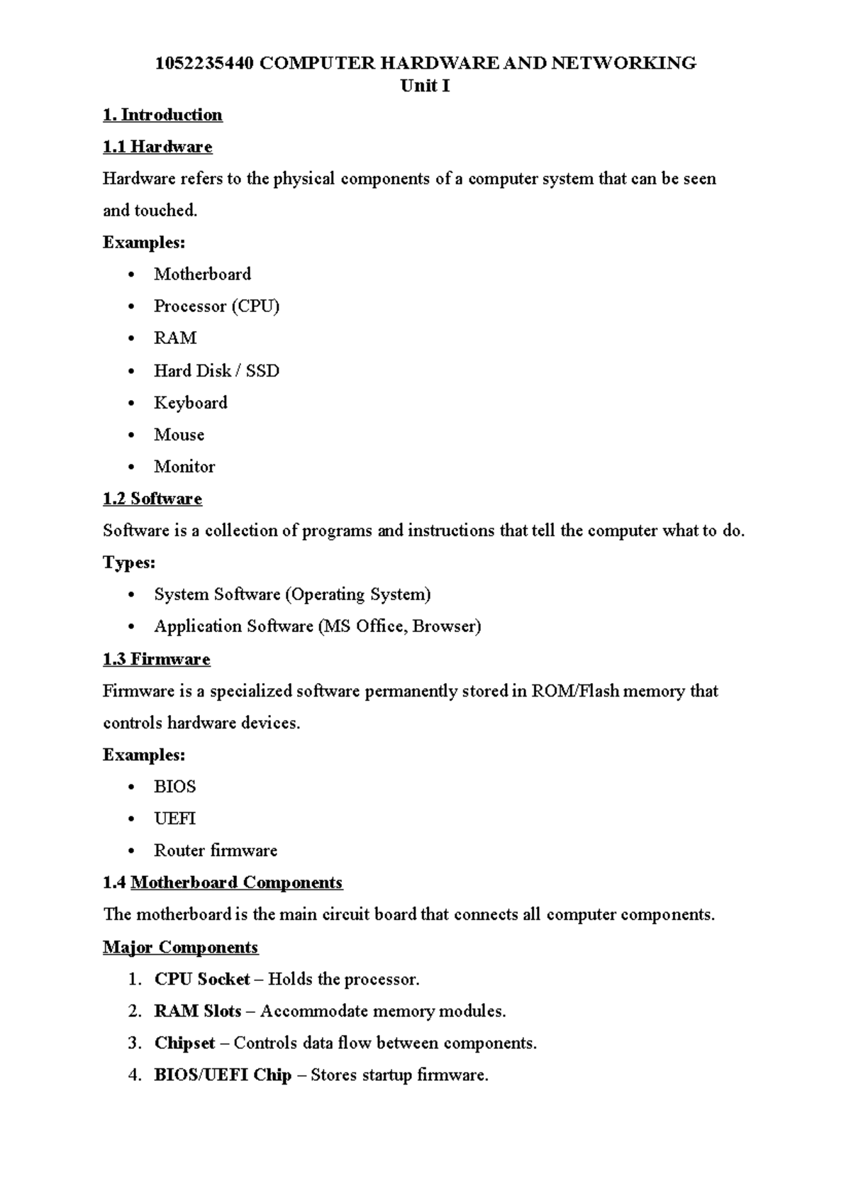 JV 1052 235440 Computer Hardware & Networking Unit I Overview - Studocu