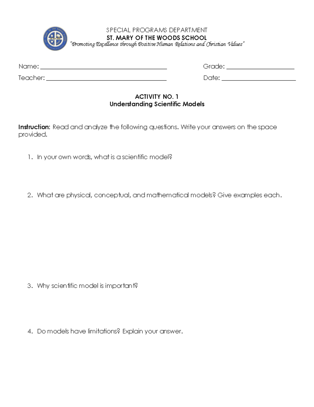 Science 7 - Activity 1 (Use of Models) - SPECIAL PROGRAMS DEPARTMENT ST ...