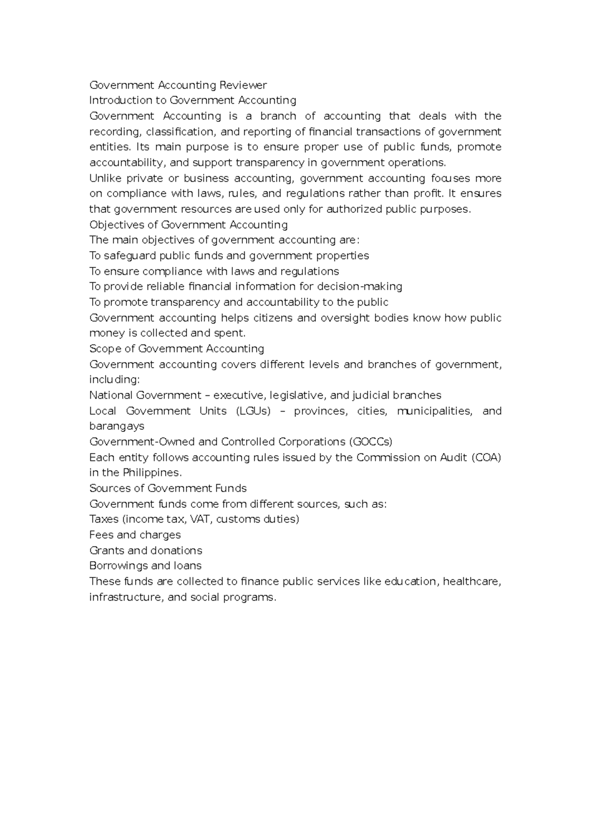 Government Accounting Reviewer: Key Concepts and Objectives - Studocu
