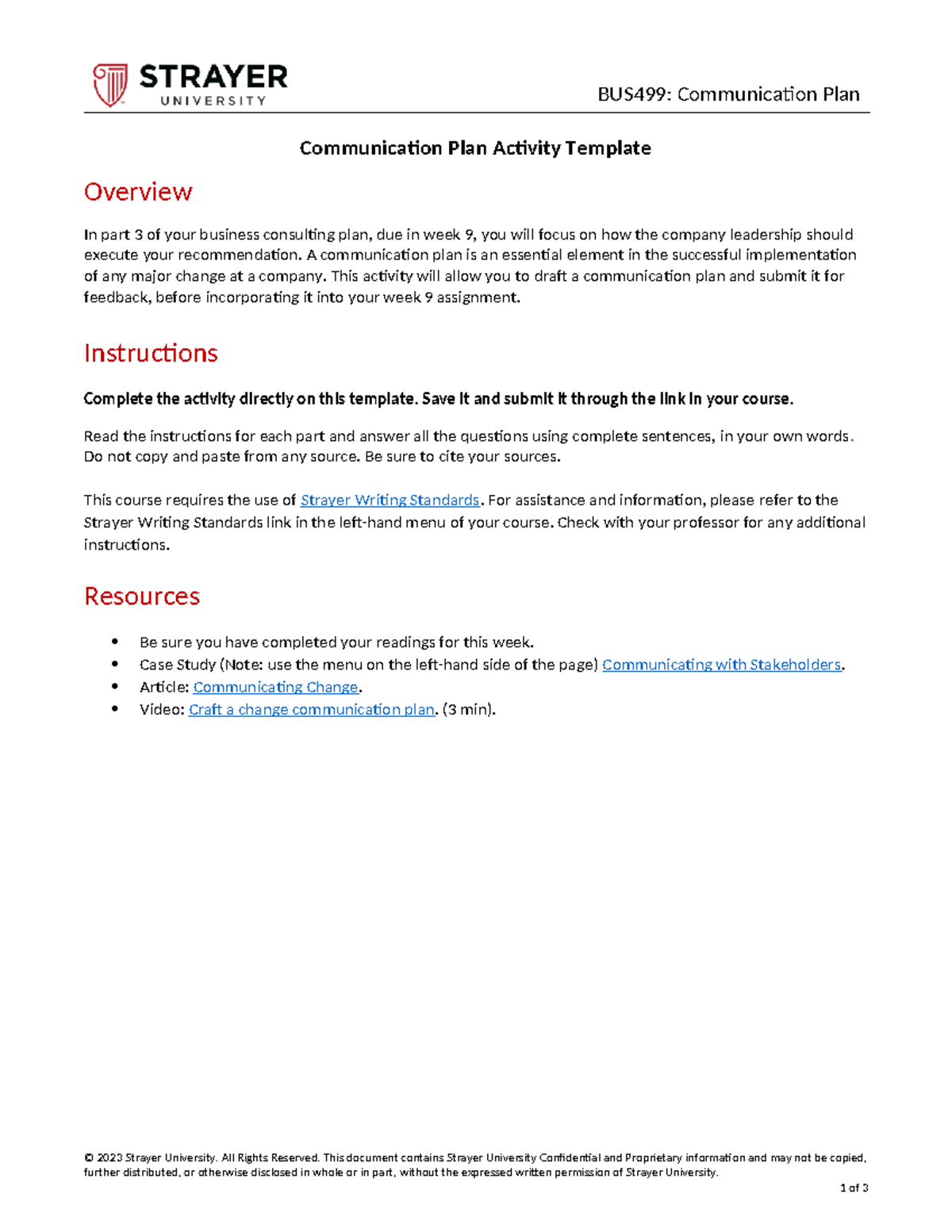 BUS499 WK7 Comm Plan Activity Template for Week 9 Assignment - Studocu