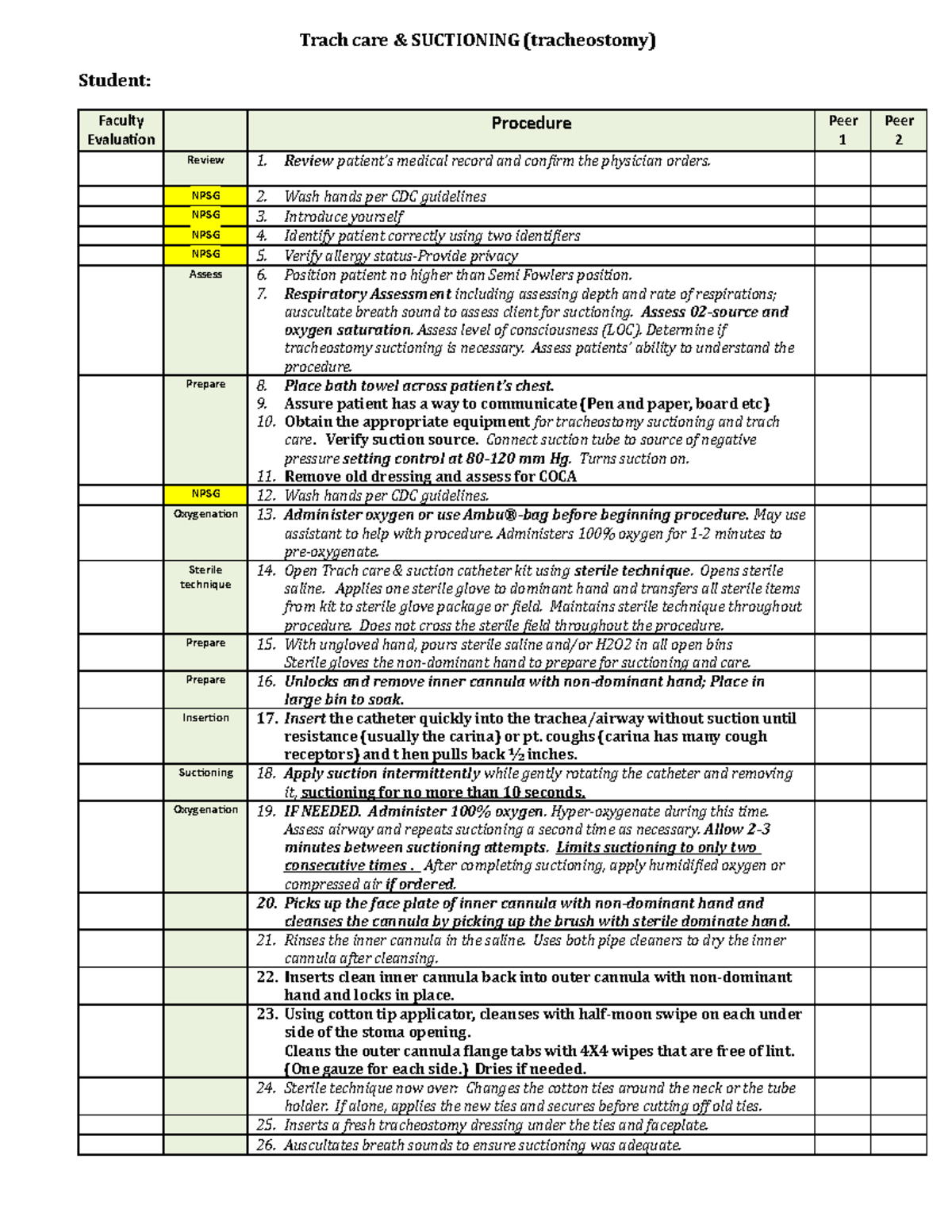 121L Tracheostomy Care & Suctioning Procedure Check-Off Guide - Studocu