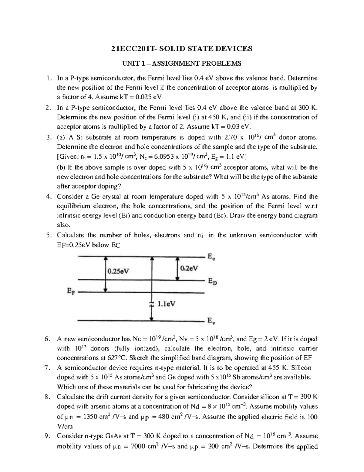 Unit I Assignment Questions on Solid State Devices (21ECC201T) - Studocu