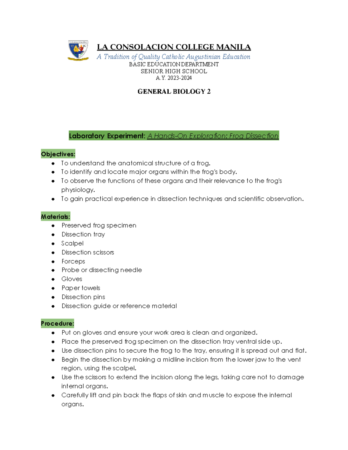 General Biology 2 - Frog Dissection Lab Report and Insights - Studocu