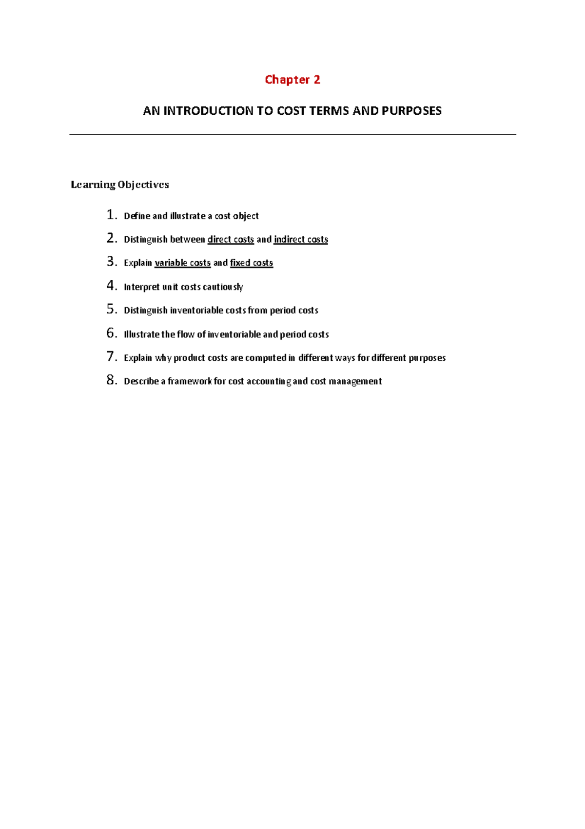 Ch2 - Cost Accounting - Chapter 2 AN INTRODUCTION TO COST TERMS AND PURPOSES ####### Learning ...