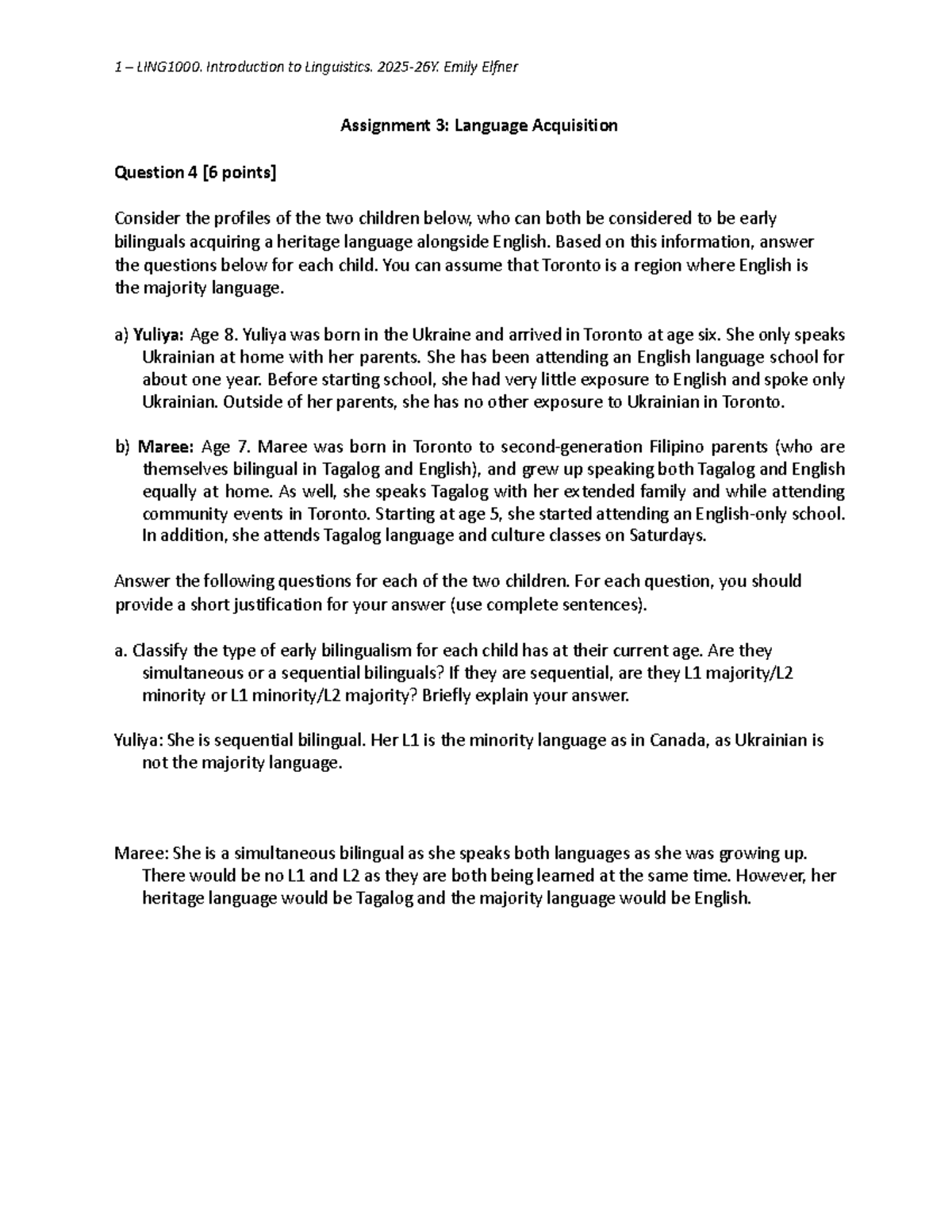 LING1000 Assignment 3: Language Acquisition of Bilingual Children - Studocu