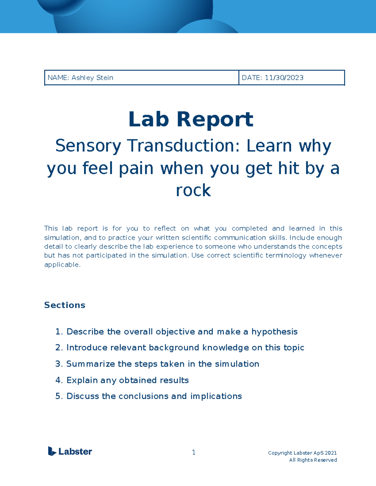 Touchstone 4 Lab Report: Understanding Sensory Transduction and Pain ...