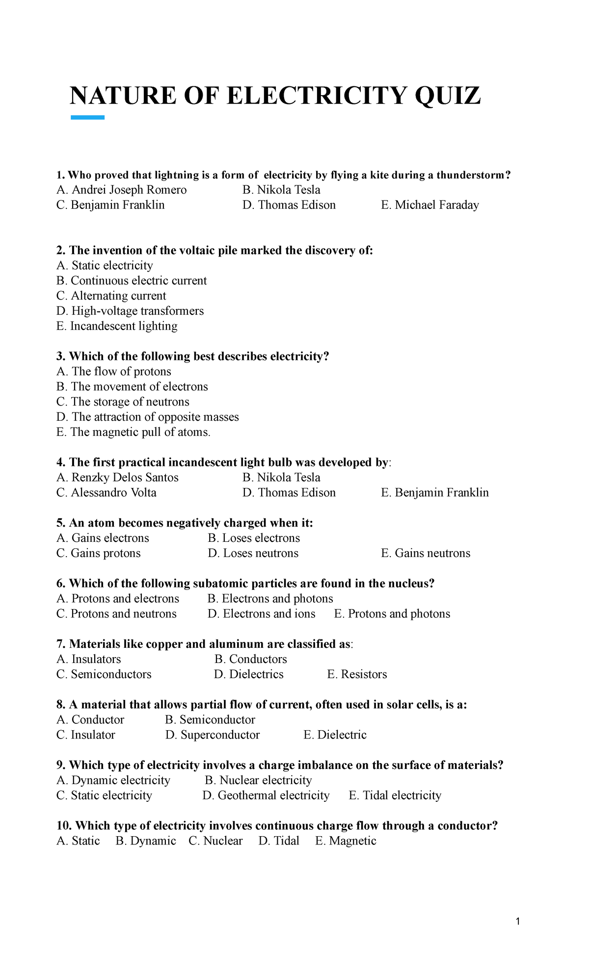 NATURE OF ELECTRICITY QUIZ: Key Concepts and Questions - Studocu