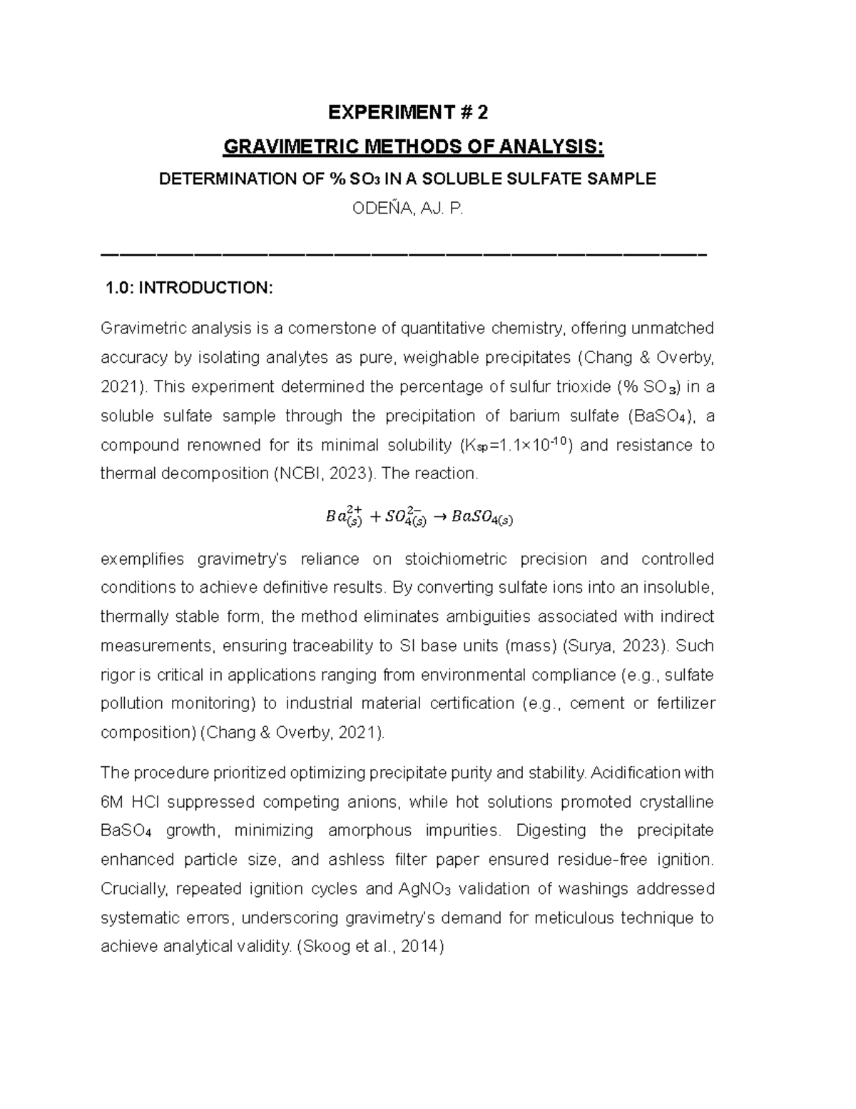 Gravimetric Analysis of SO₃ in Soluble Sulfate Sample (CHEM 101 ...