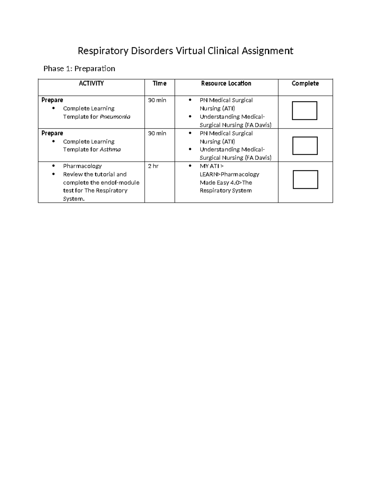 Respiratory Disorders Virtual Clinical Assignment (PN 101) - Detailed ...