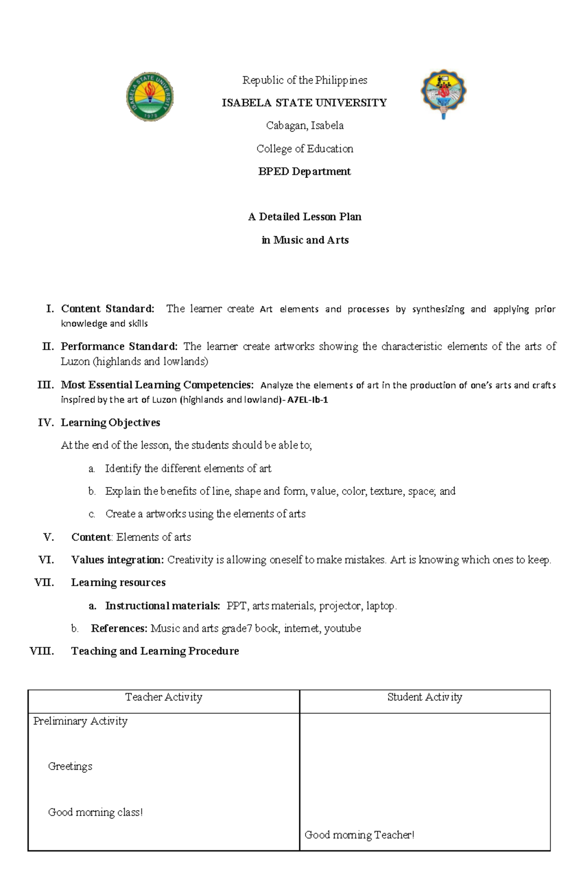 Detailed Lesson Plan in Music and Arts (BPED 202) - Studocu