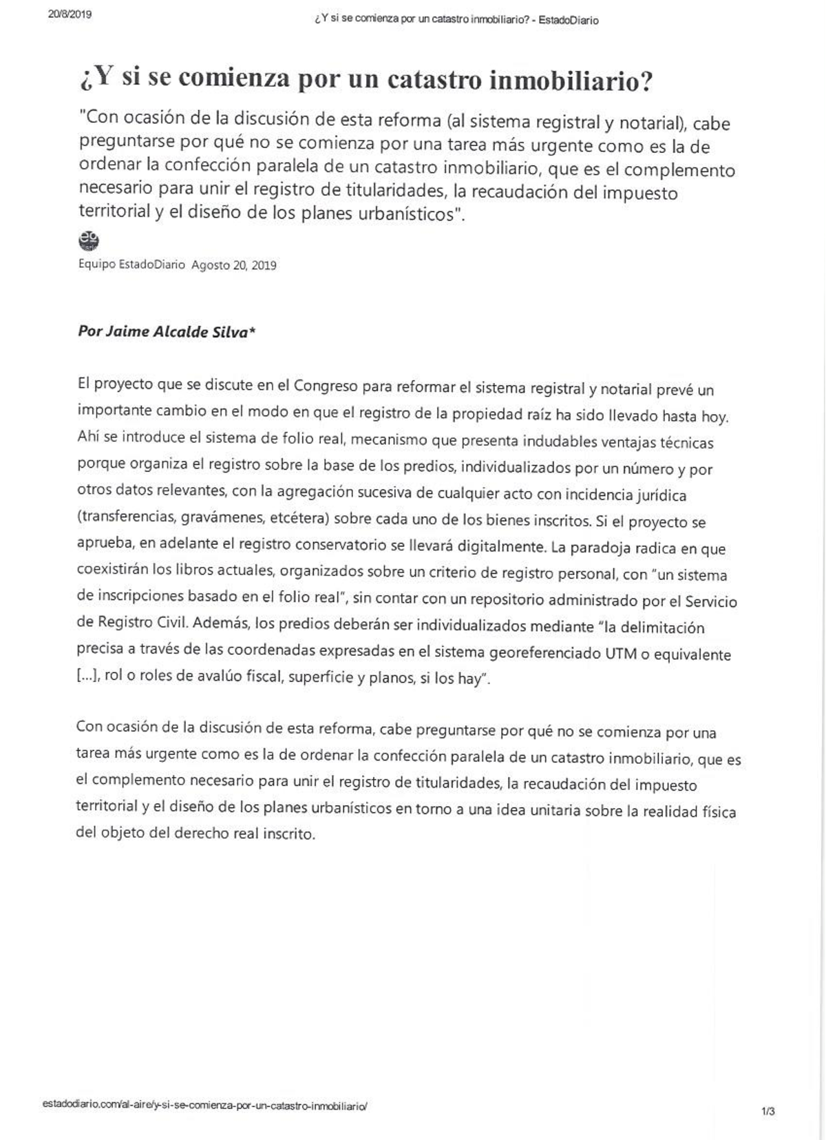 Catastro Inmobiliario y Reforma Registral: Análisis y Propuestas - Studocu