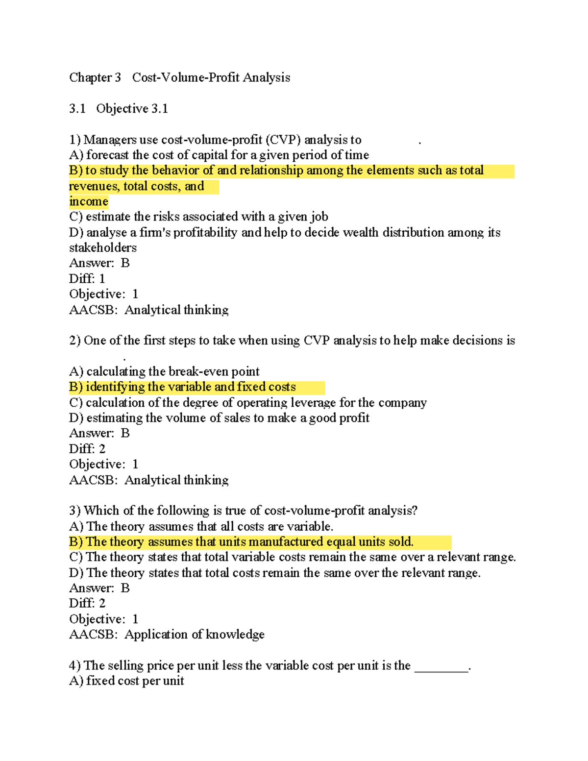 CVP Analysis Test Bank - Chapter 3 Insights and Objectives - Studocu