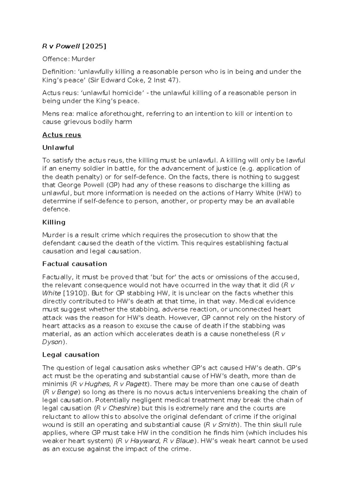 Criminal Law Case Study: R v Powell - Murder Analysis (CRIM 101) - Studocu