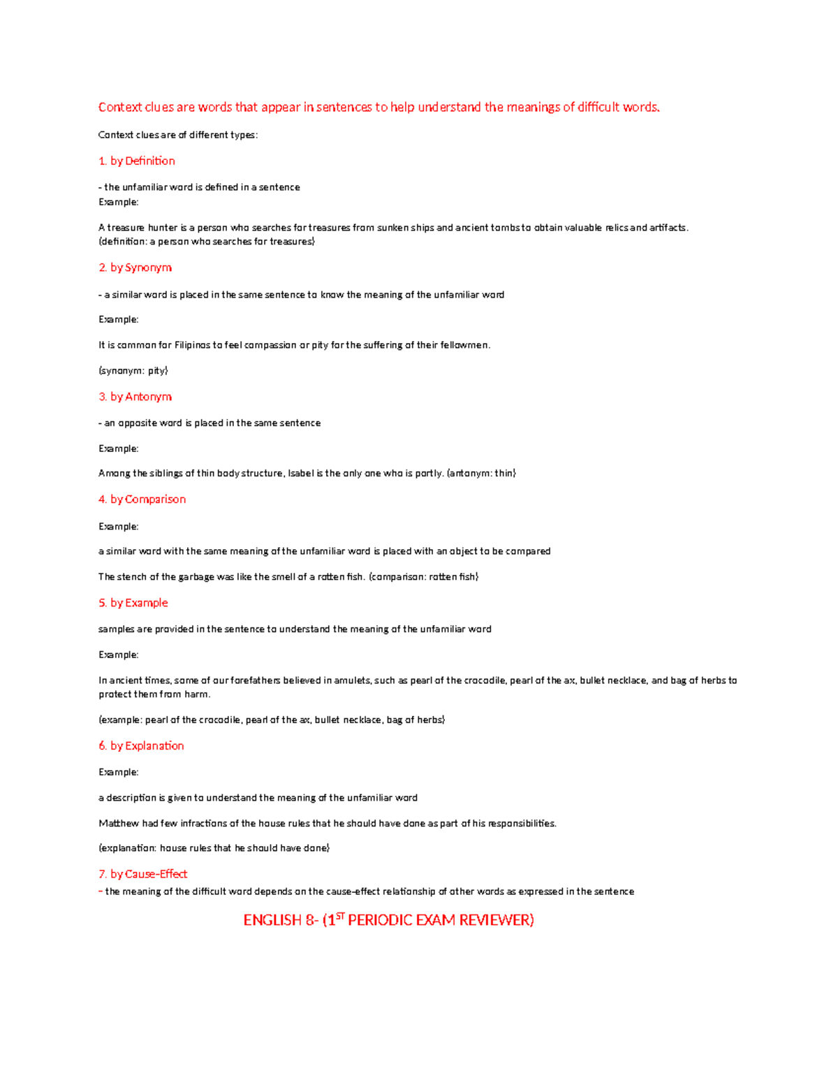 ENGLISH 8 - 1ST PERIODIC EXAM REVIEWER: Understanding Context Clues ...