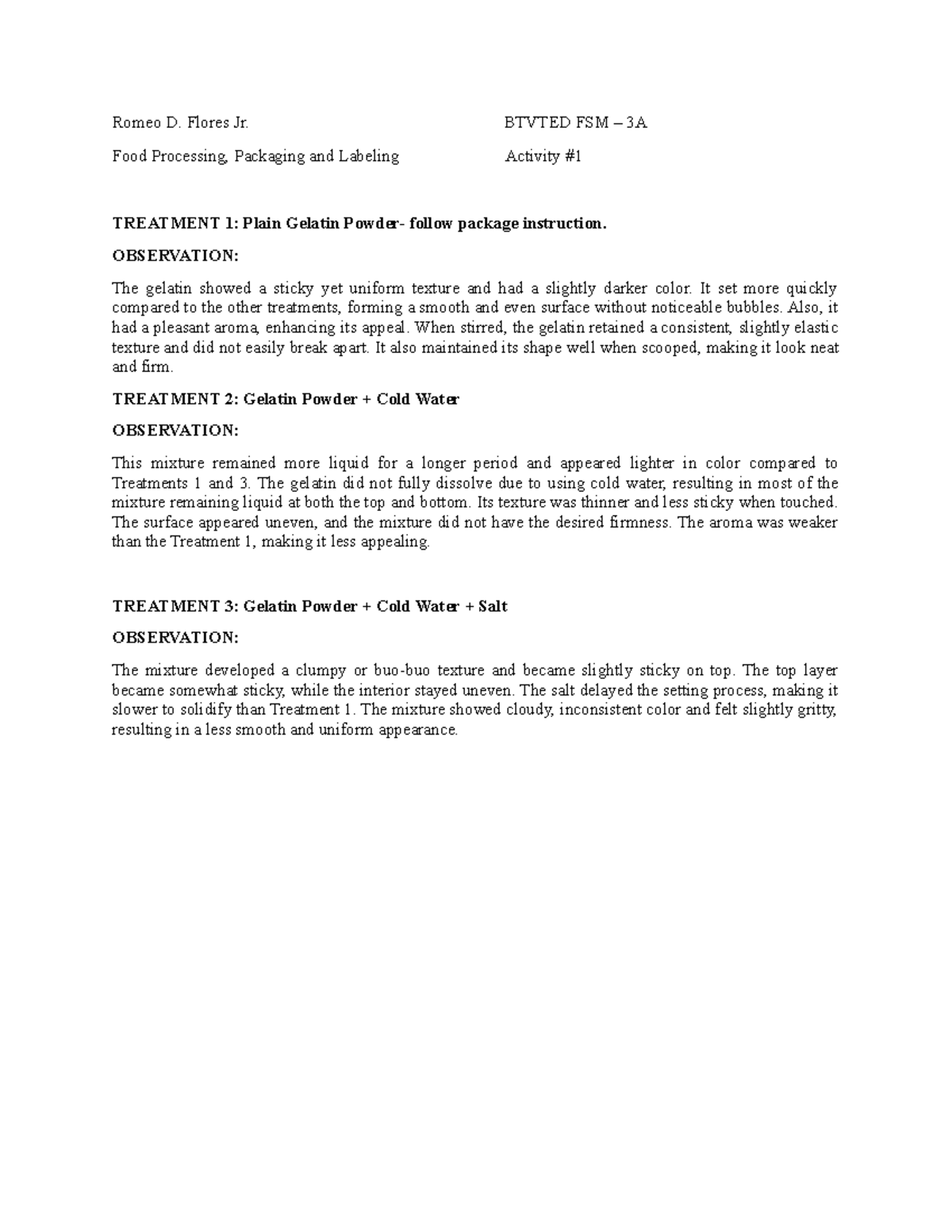 BTVTED FSM 3A Gelatin Processing & Observation Notes - Studocu
