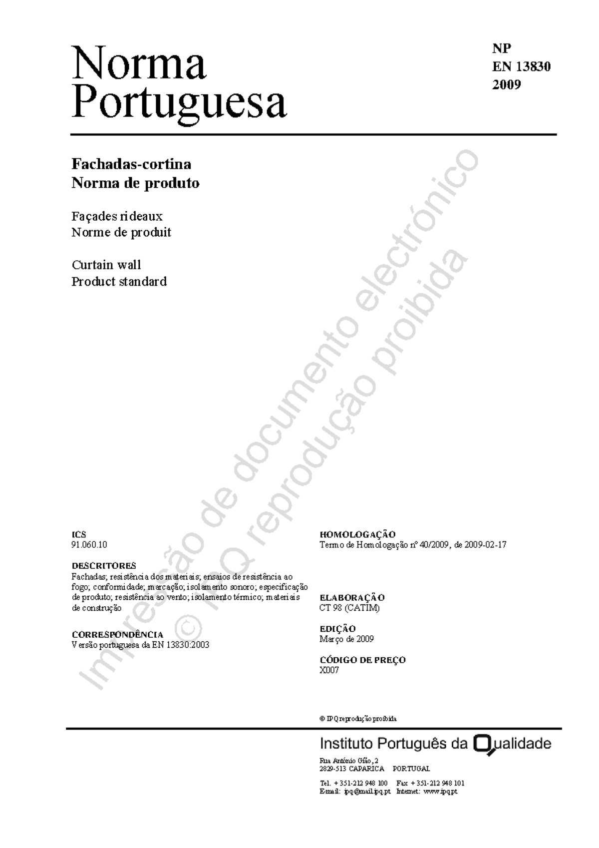Norma EN 13830:2009 - Requisitos Técnicos para Fachadas Cortina - Studocu