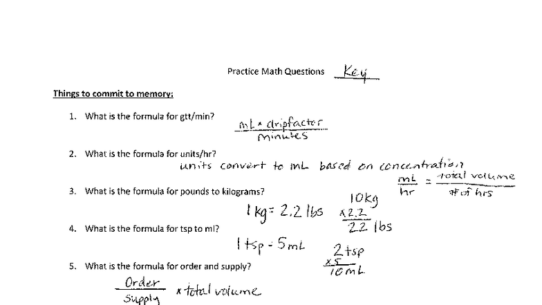 Practice Math Questions Key - Updated for Nursing Calculations - Studocu