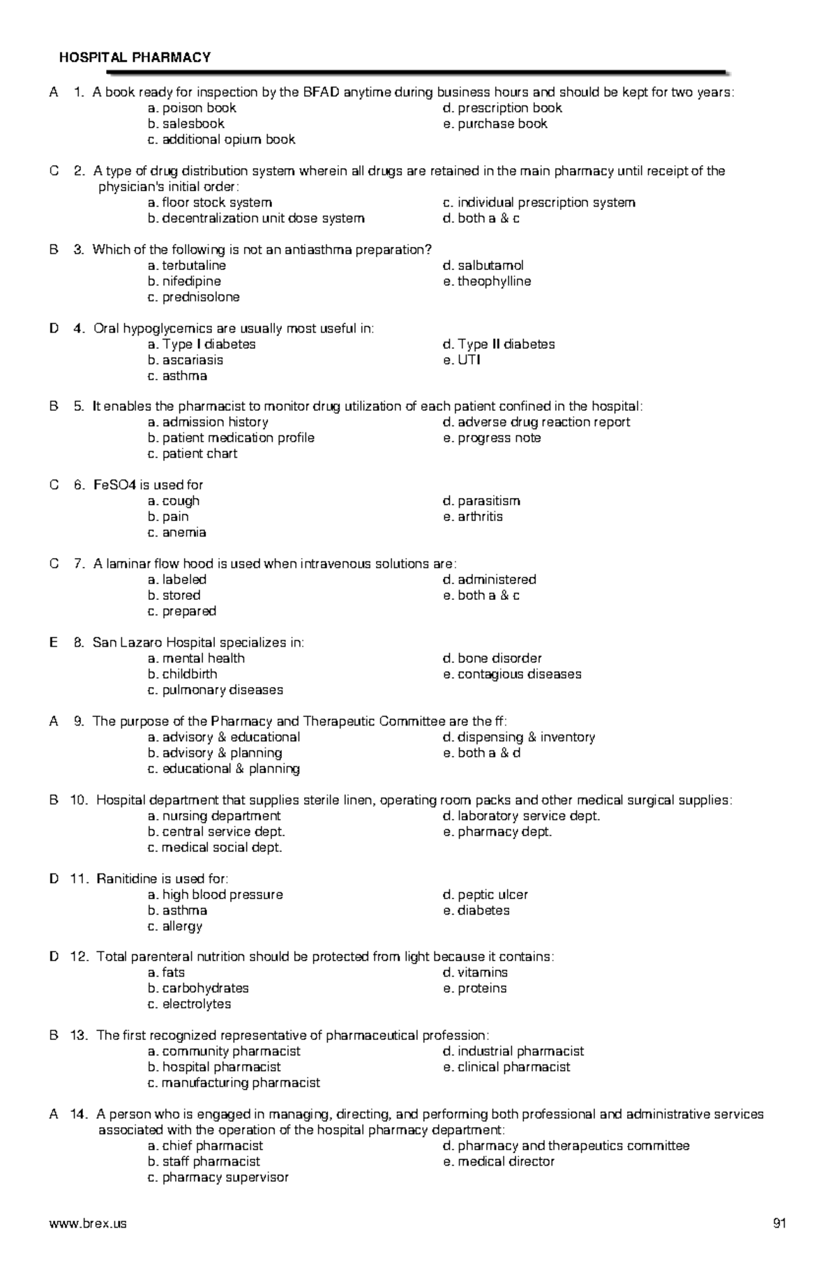 Hospital Pharmacy Answer Key - Green Pacop (Revised Edition) - Studocu