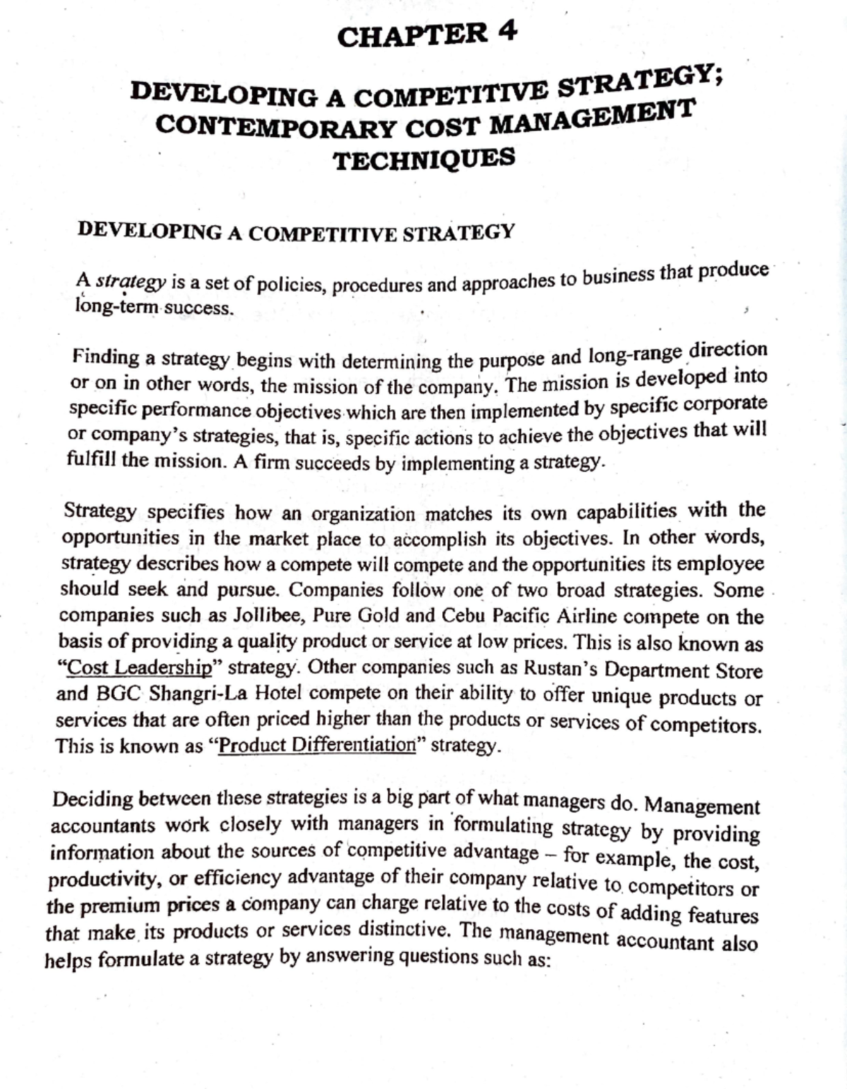 Developing Competitive Strategy & Cost Management Techniques (Chapter ...