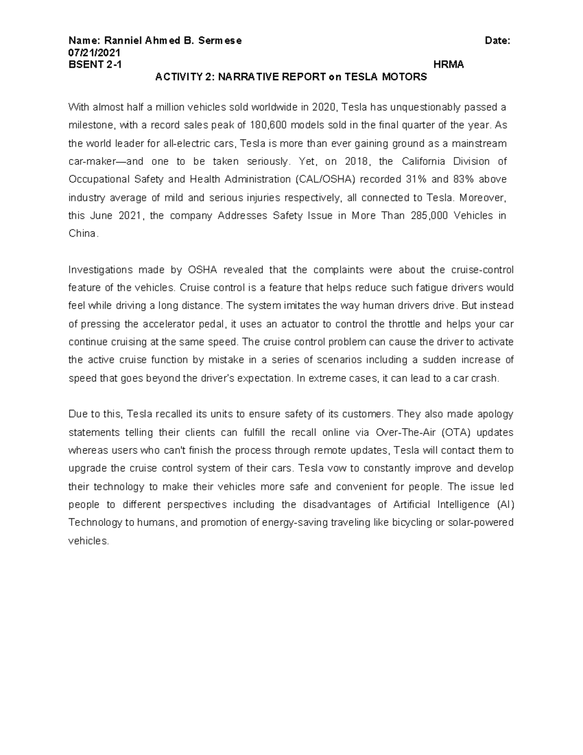 Sermese-RAB-HRMA-Activity 2: Narrative Report on Tesla Motors - Studocu
