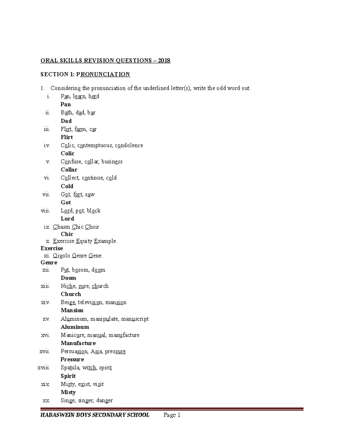 ORAL SKILLS REVISION QUESTIONS 2018: PRONUNCIATION & COMMUNICATION ...