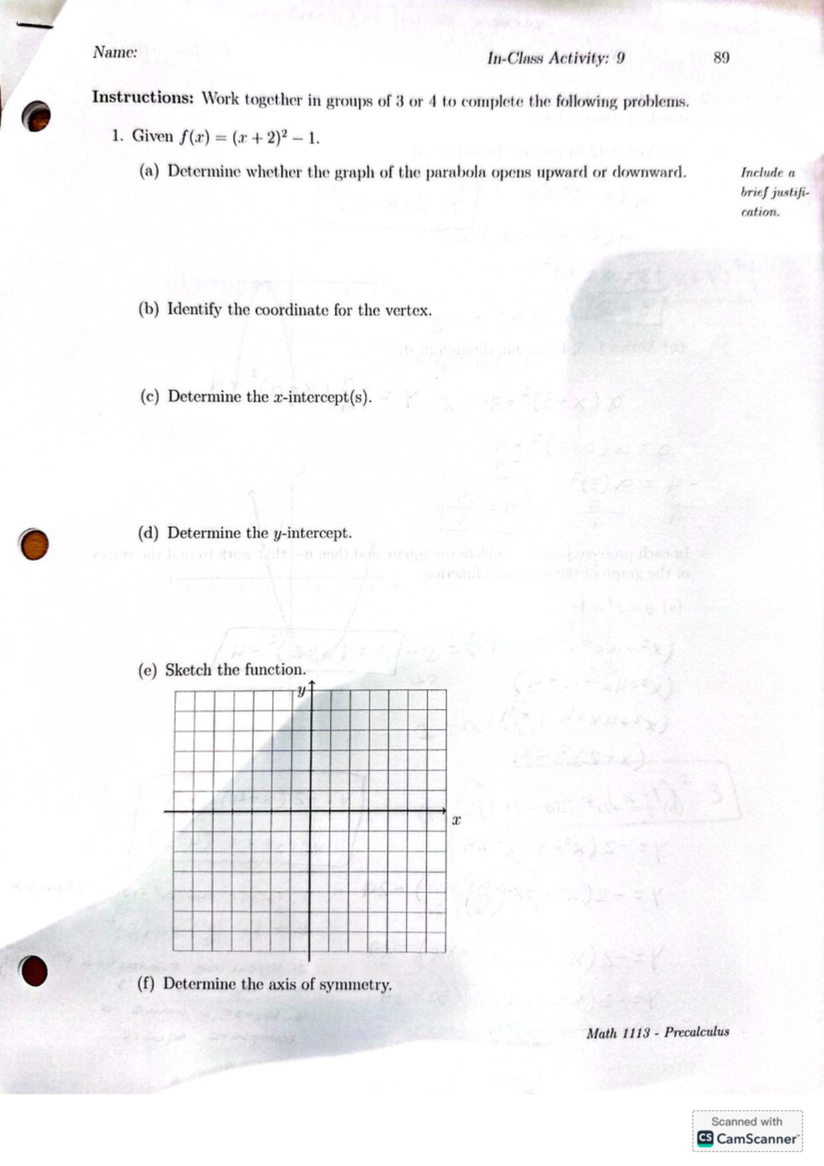 Precalculus Activity 9: Quadratic Functions & Graphing Techniques - Studocu