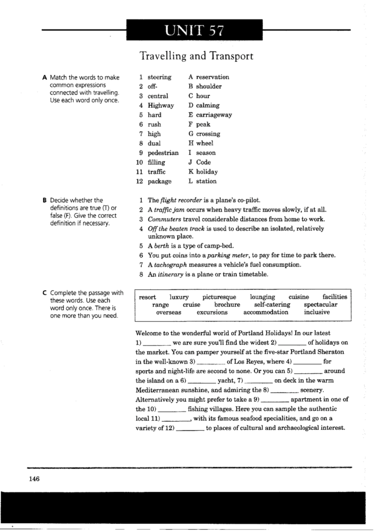 UNIT 57: Travelling and Transport - Vocabulary & Definitions Exercise ...