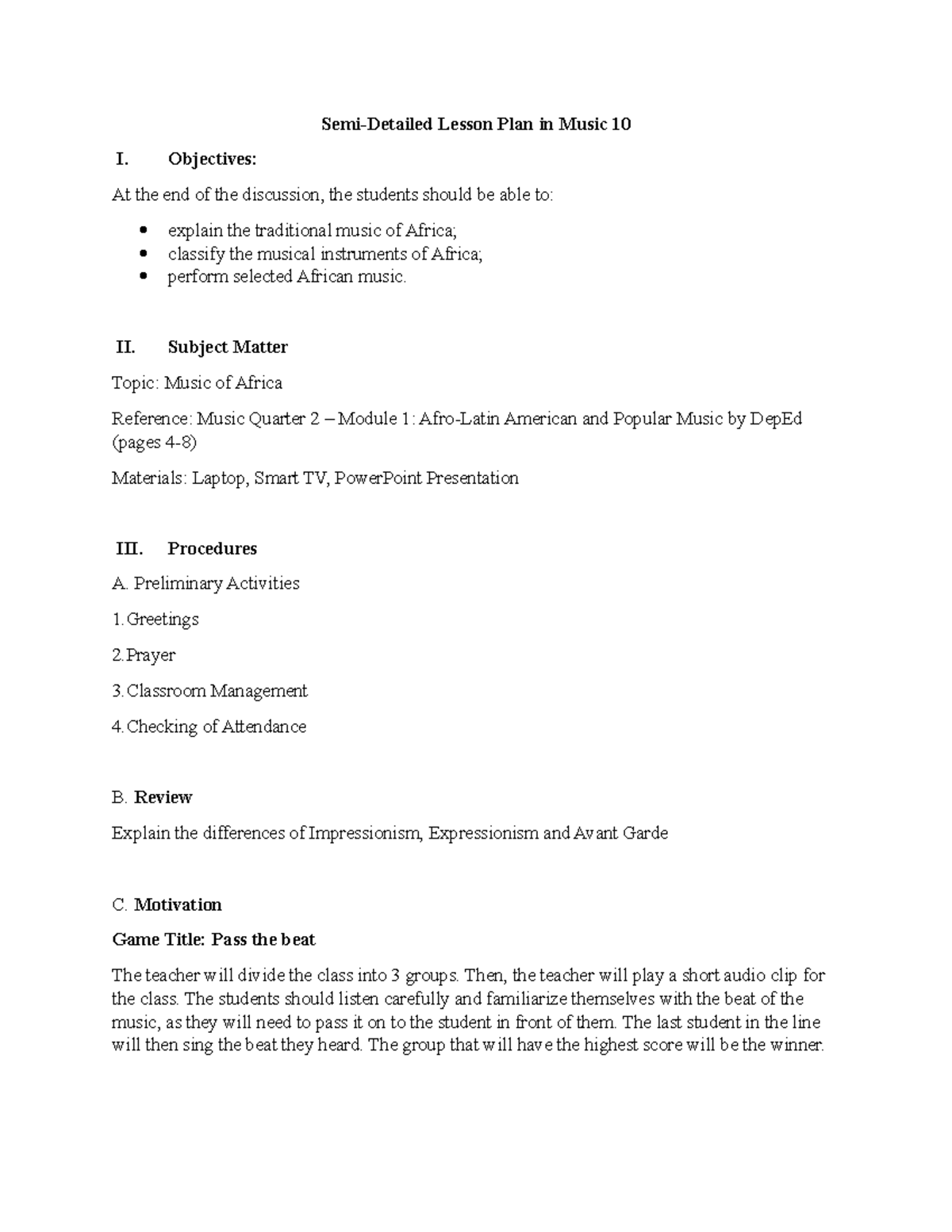 Semi-Detailed Lesson Plan on Traditional African Music (Music 10) - Studocu