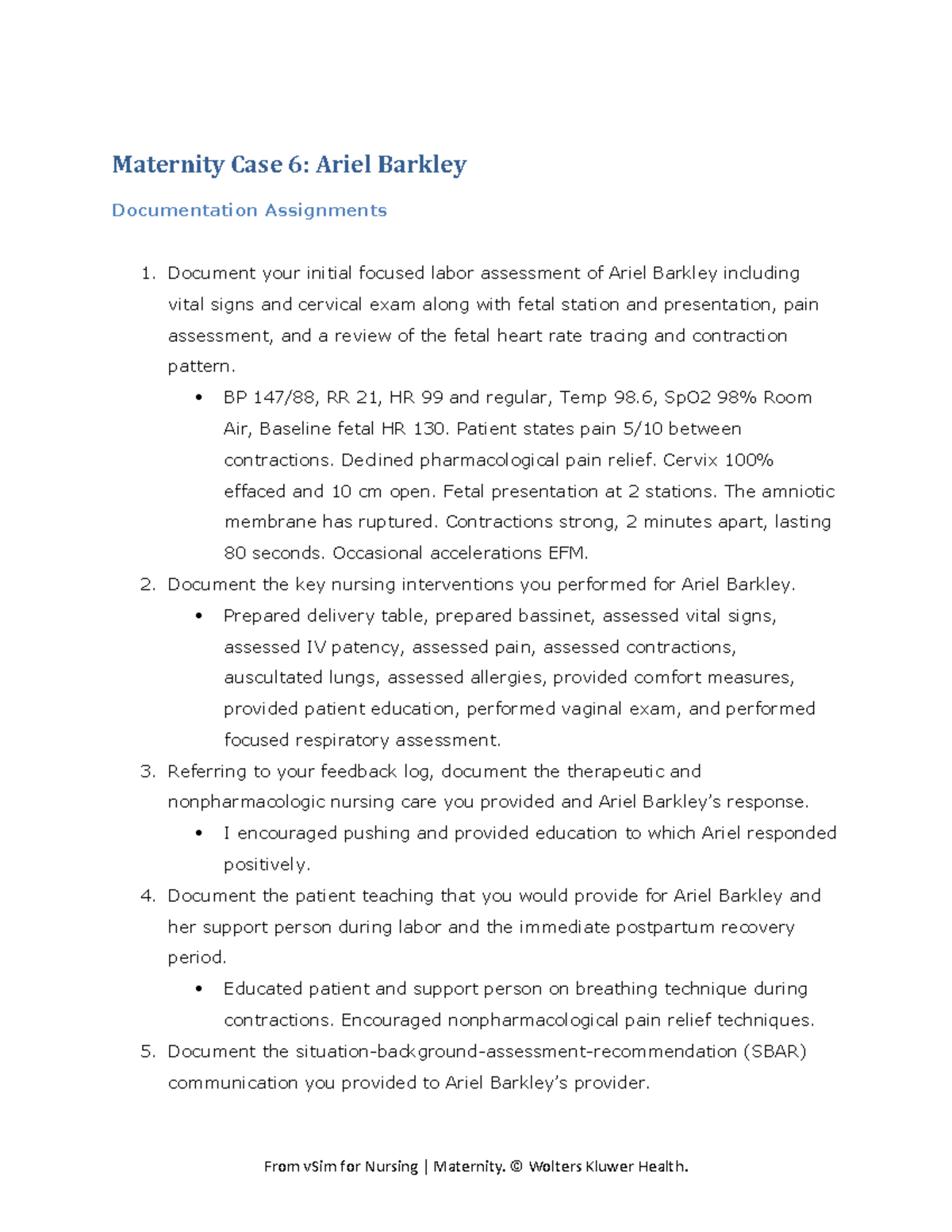 NUR 101 Maternity Case Study: Documentation for Ariel Barkley - Studocu