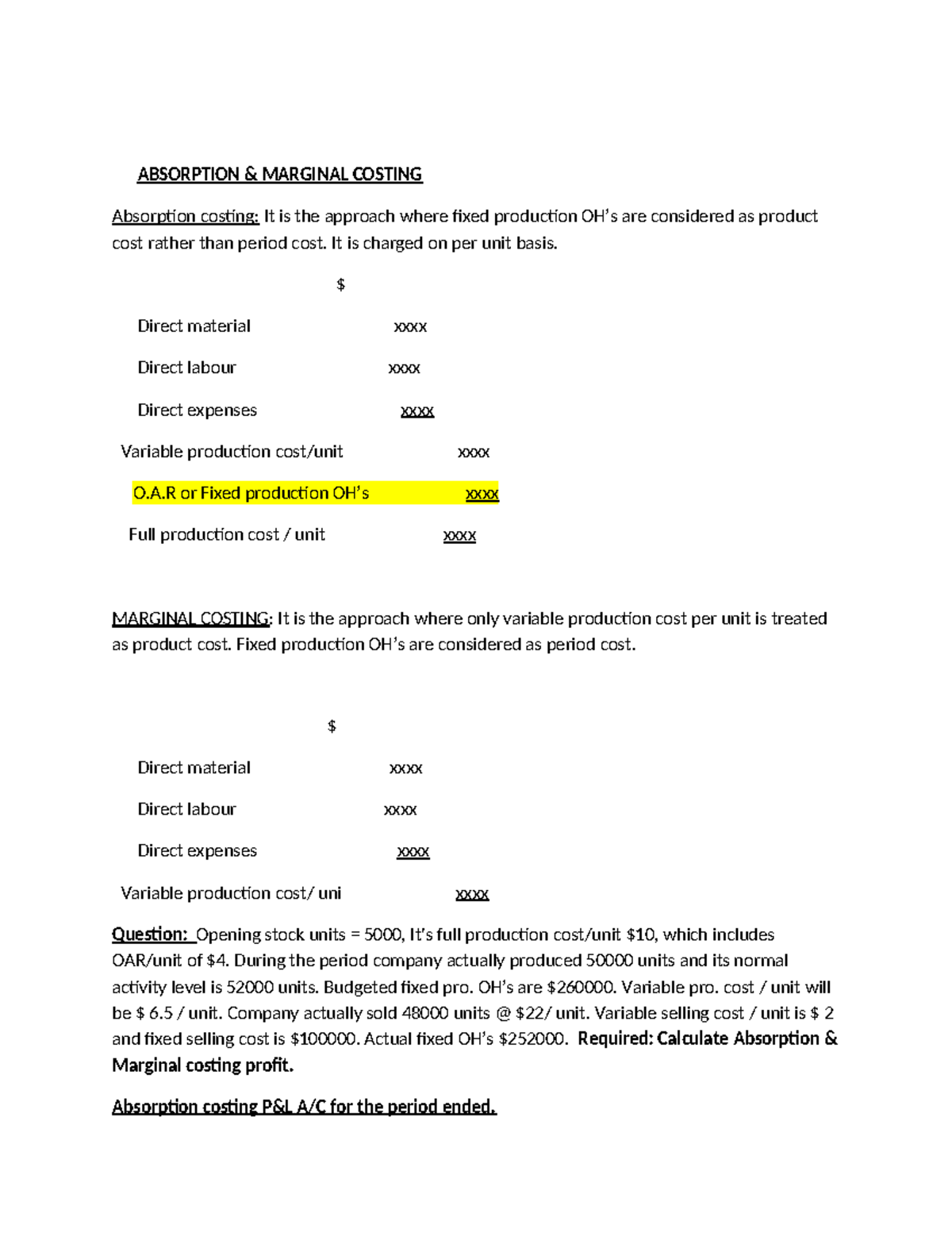 6. Absorption & Marginal Costing: Profit Calculation Guide - Studocu