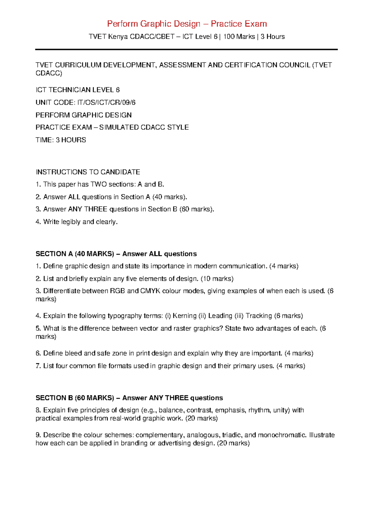 Graphic Design Practice Exam TVET Level 6 - 100 Marks - Studocu