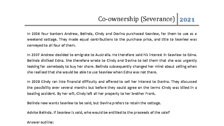 Severance Case Study (2021) - Legal Analysis of Seaview Ownership - Studocu