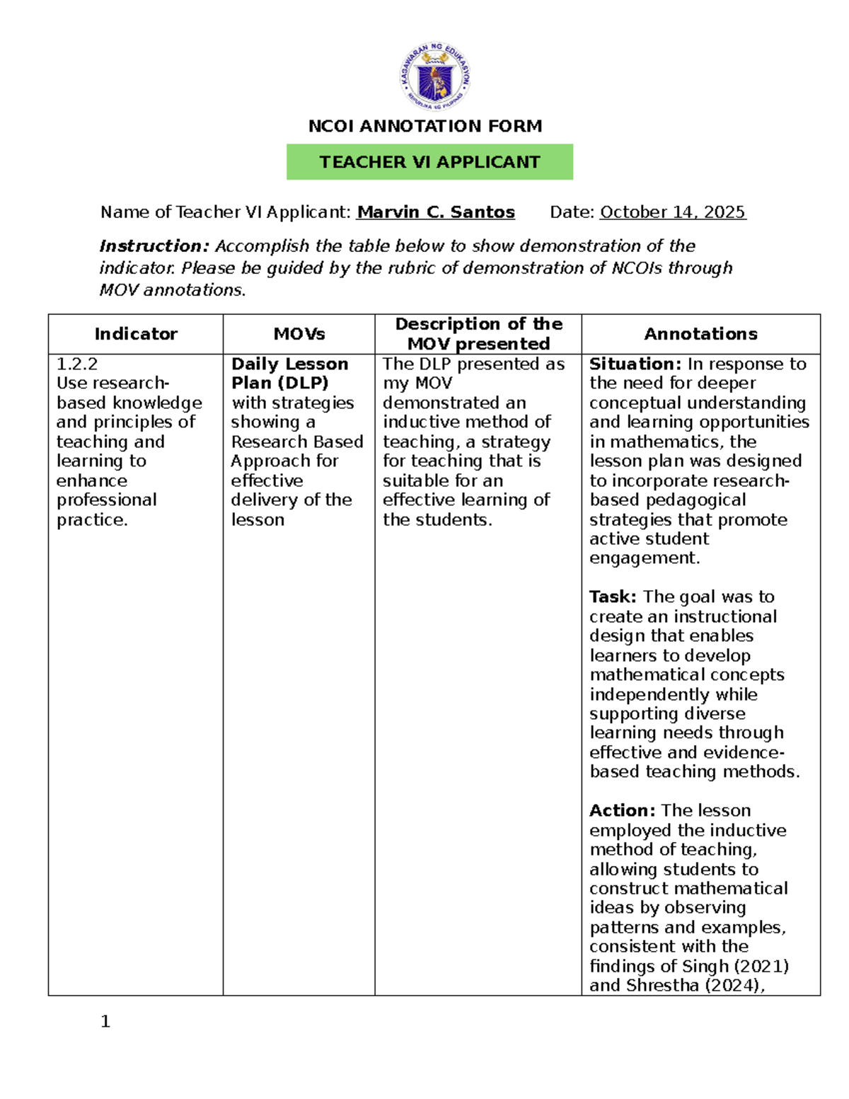 NCOI Annotation Form for Teacher VI Applicant: Marvin C. Santos - Studocu