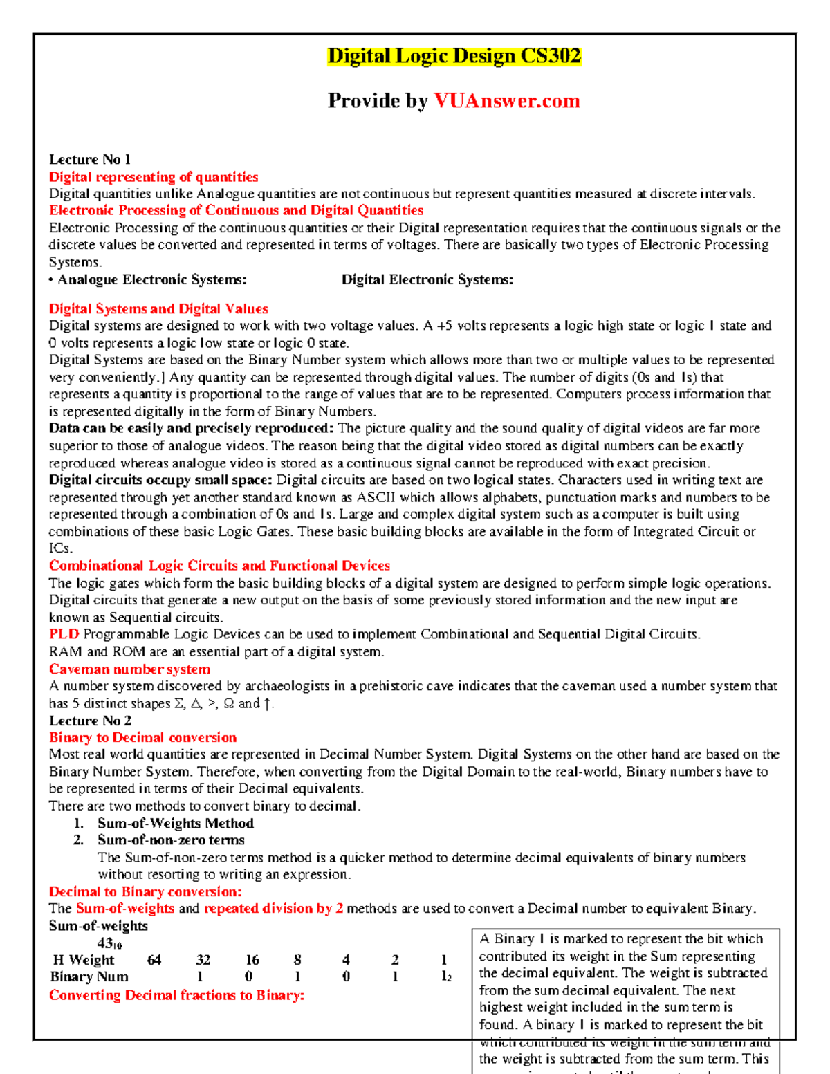 CS302 Midterm Short notes - Digital Logic Design CS Provide by VUAnswer ...
