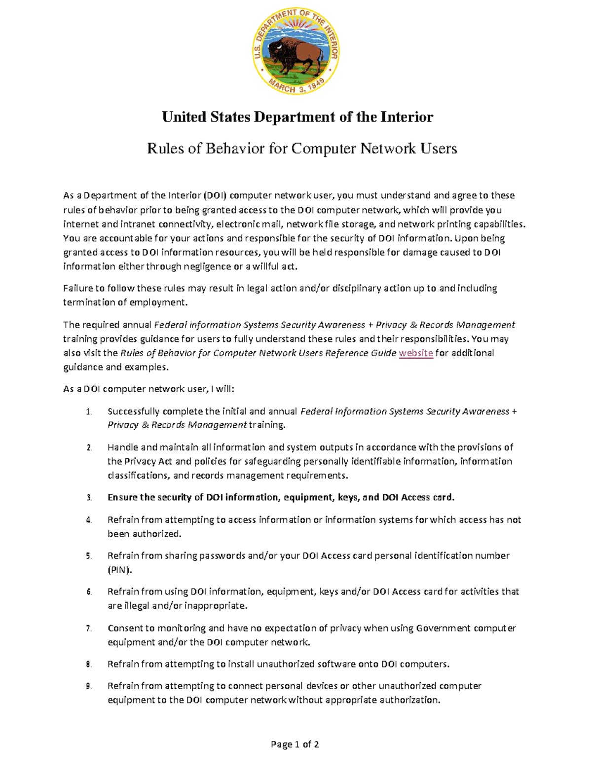 25. DOI Computer Network User Rules of Behavior Guide - Studocu