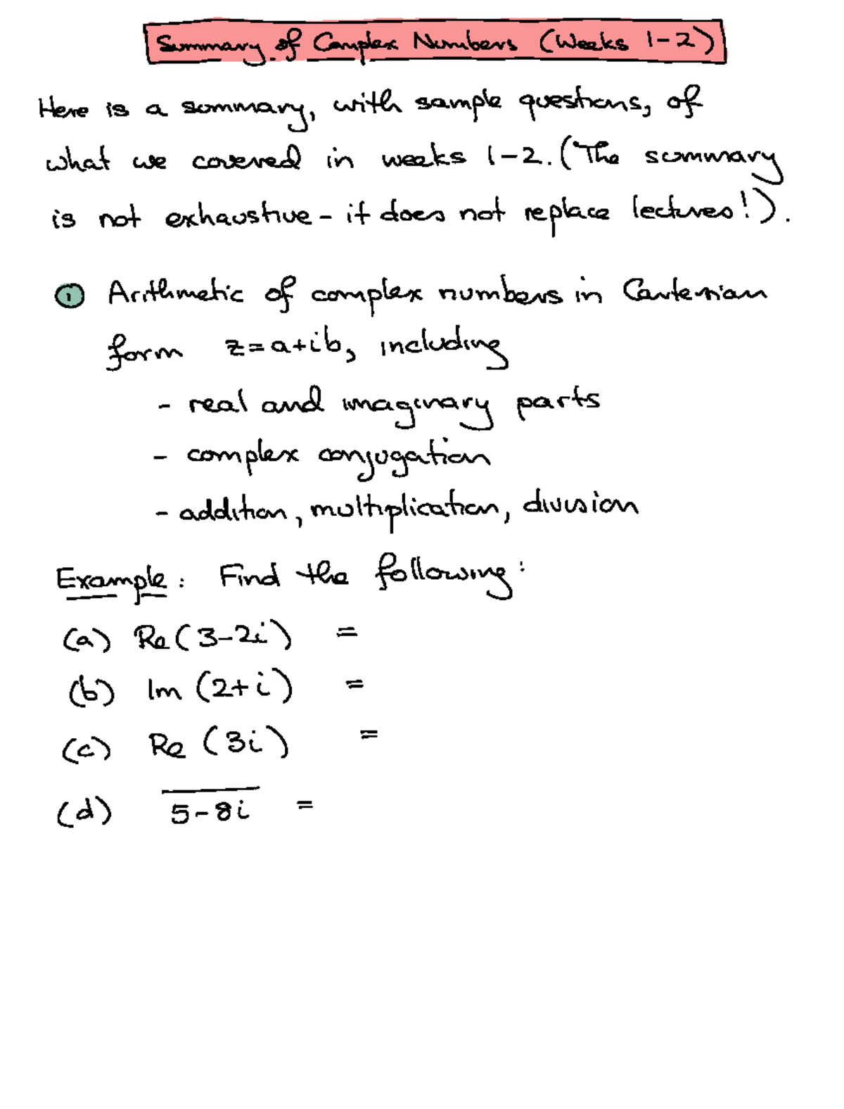Complex Numbers Summary (MATH 2026) - Weeks 1 & 2 Notes - Studocu