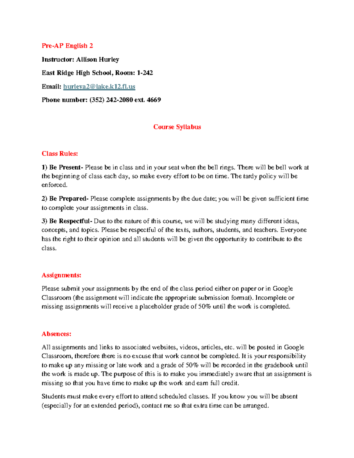 Pre-AP English 2 Syllabus: Class Rules & Expectations - Studocu