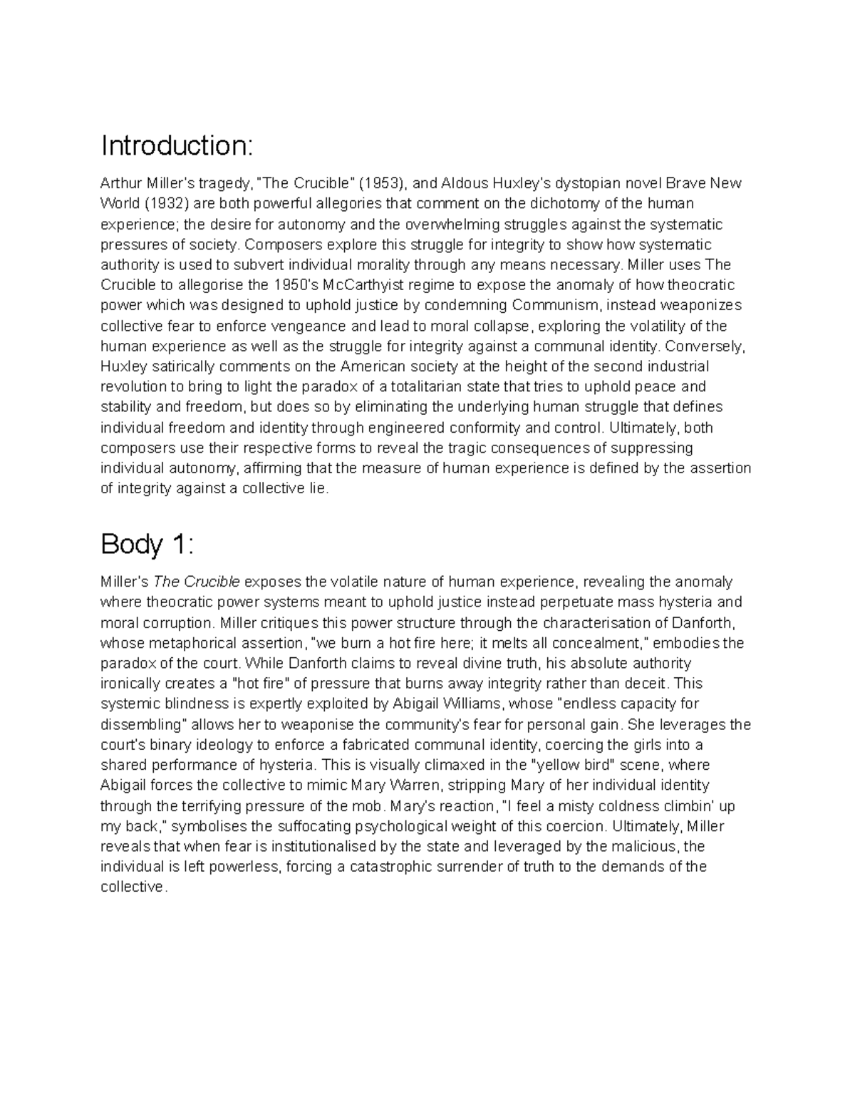 English Essay: The Crucible & Brave New World Analysis - Studocu
